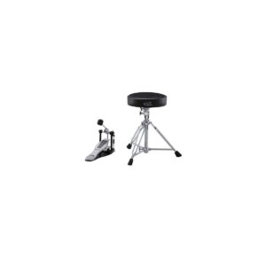 roland dap-3x essential v-drums accessories, includes a pair of hickory-made drumsticks, a kick pedal with new embossed logo footplate, and a drum throne with double-braced tripod