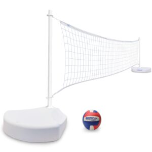 watervolly white adjustable premium pool volleyball net, includes two 110lb water-filled bases and red white & blue volleyball