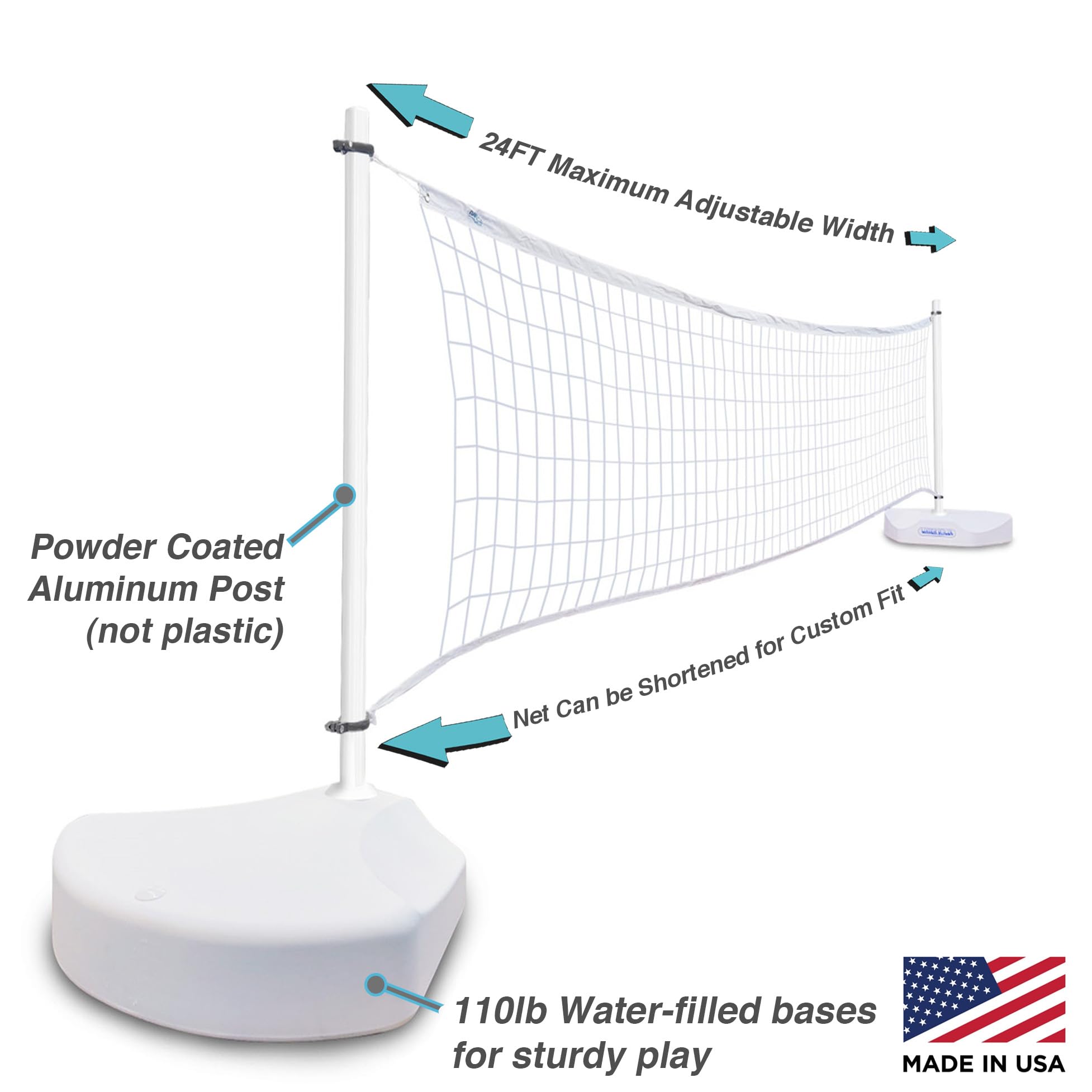 WaterVolly White Adjustable Premium Pool Volleyball Net, Includes Two 110lb Water-Filled Bases and Red White & Blue Volleyball