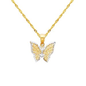 14k real two tone gold butterfly pendant with 1.2mm singapore chain necklace - 18"