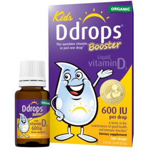 ddrops kids booster 600iu 100 drops - daily liquid vitamin d for kids. support strong bones & immune system in children. no preservatives, no sugar, non-gmo, allergy-friendly