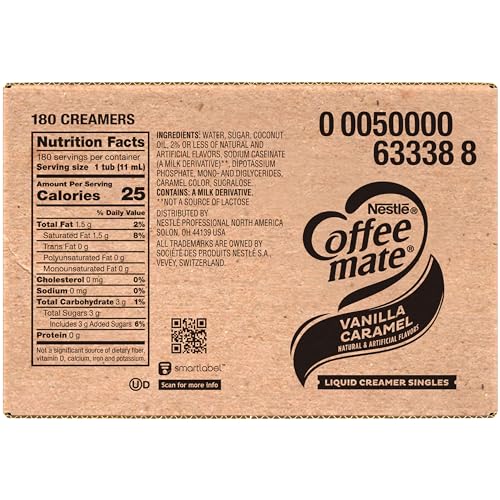 Nestle Coffee mate Coffee Creamer, Vanilla Caramel, Liquid Creamer Singles, Non Dairy, No Refrigeration, 0.37 Fl Oz (Pack of 180)