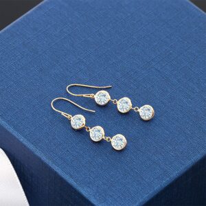 Gem Stone King 14K Yellow Gold Sky Blue Aquamarine Dangle Long 3-Stone Earrings For Women (2.40 Cttw, Gemstone Birthstone, Round 5MM, 1 Inch)