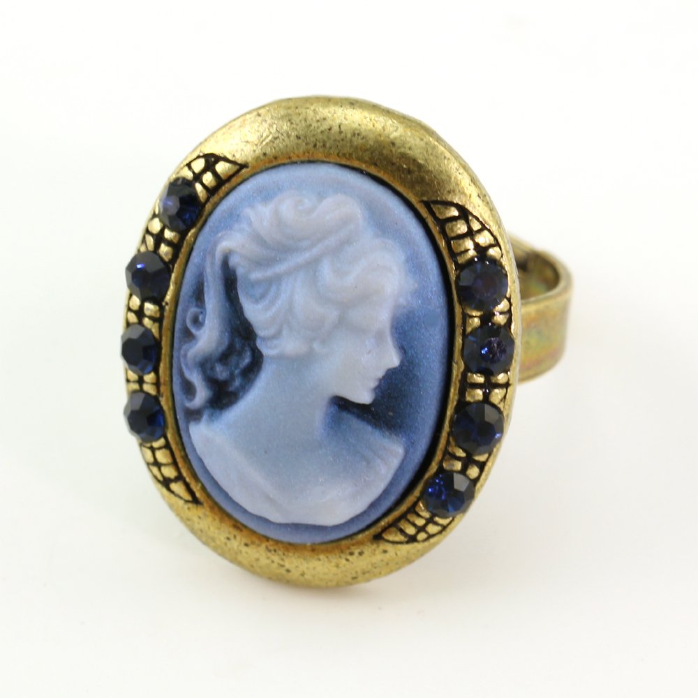 Soulbreezecollection Dark Navy Blue Cameo Ring Adjustable Size Band Women Lady Fashion Jewelry