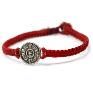 red string macrame prosperity financial success & evil eye protection bracelet for women with silver coin charm - gift for new job, long distance relationship gift, new business gift