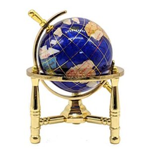 Unique Art 6-Inch Tall Bahama Blue Swirl Pearl Ocean Mini Table Top Gemstone World Globe with Gold Tripod