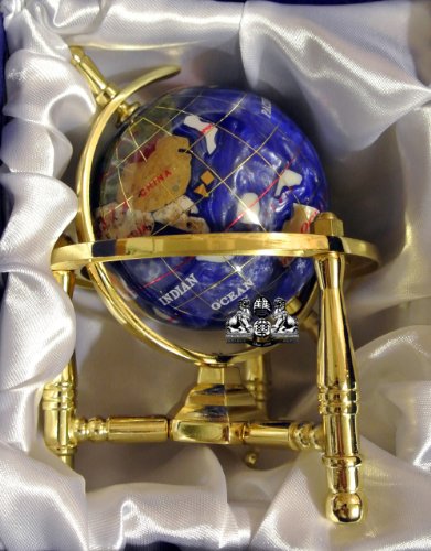 Unique Art 6-Inch Tall Bahama Blue Swirl Pearl Ocean Mini Table Top Gemstone World Globe with Gold Tripod