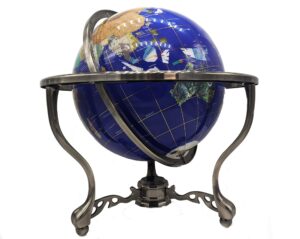 unique art 21-inch tall blue lapis ocean table top gemstone world globe with silver tripod and separated state stones