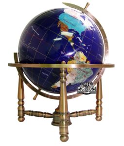 unique art 19-inch tall blue lapis ocean table top gemstone world globe with copper stand