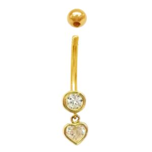 Ritastephens 14k Solid Yellow Gold CZ Dangle Heart Belly Button Navel Ring Body Art 14 gauge