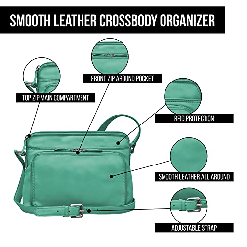 ili New York - Leather Shoulder Handbag w/Side Organizer - Soft, Smooth Leather Handbag w/RFID Blocking Lining (Turquoise)