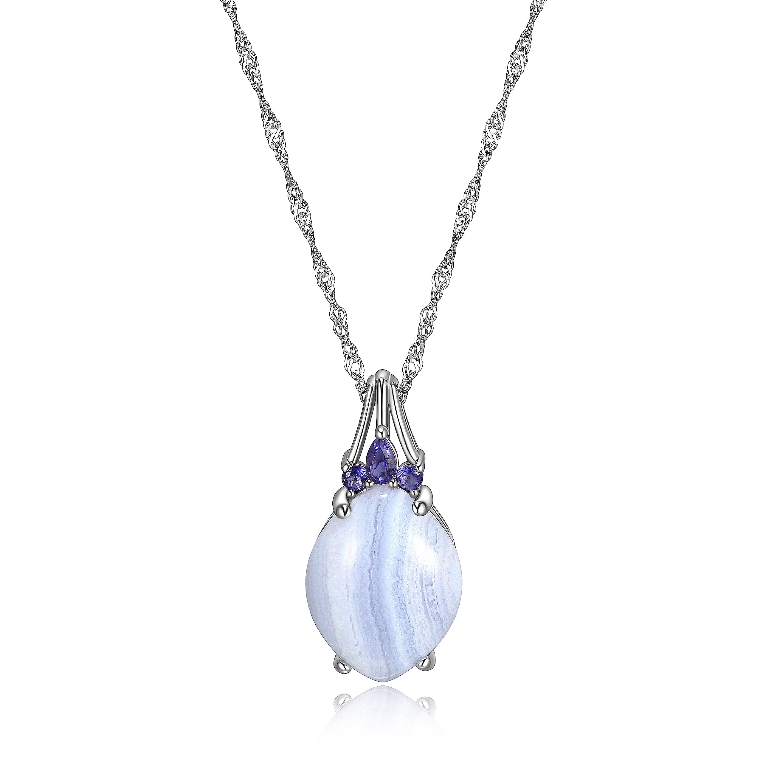 MORGAN & PAIGE .925 Sterling Silver Genuine Blue Lace Agate and Iolite 1" Oval Pendant Necklace on 18" Box Chain