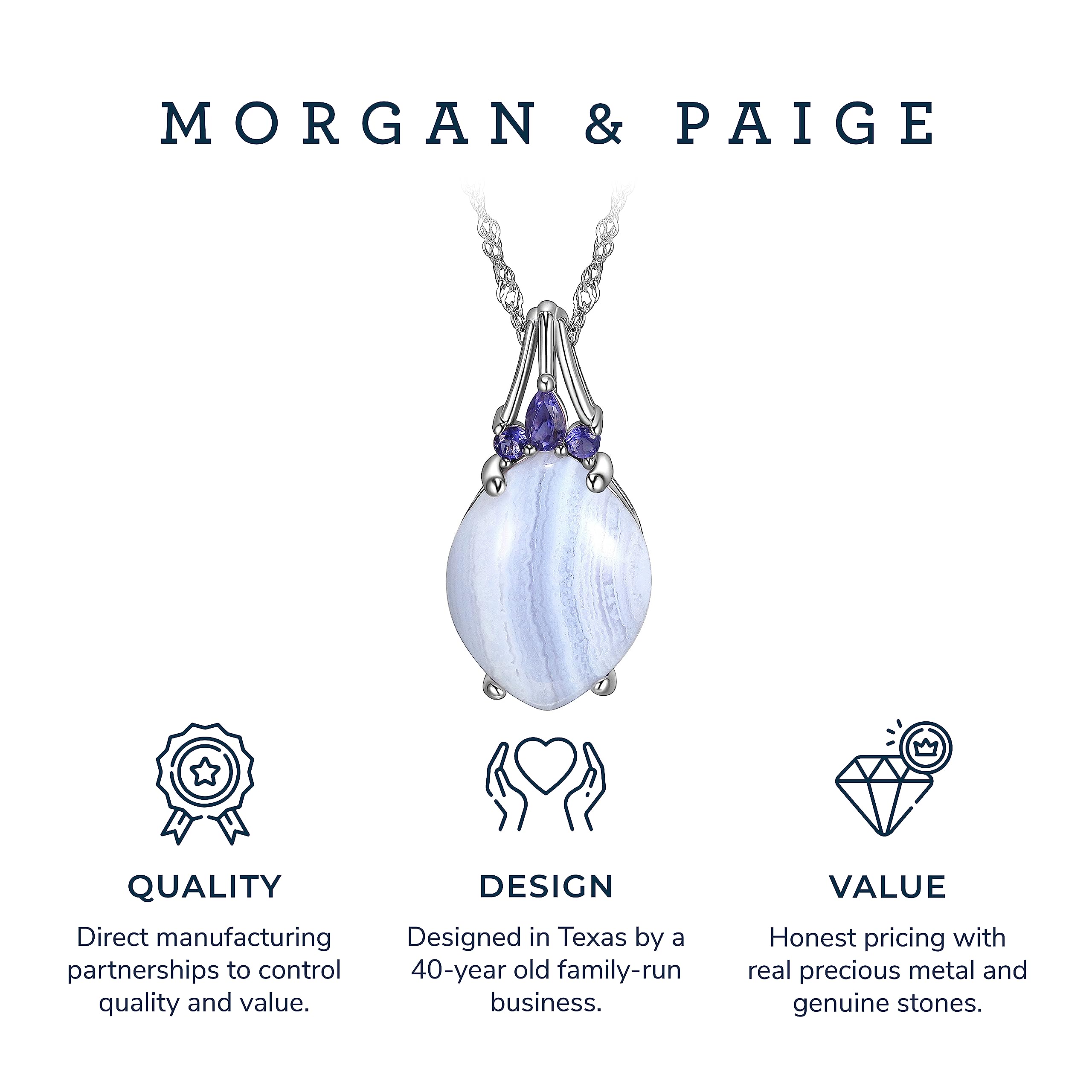 MORGAN & PAIGE .925 Sterling Silver Genuine Blue Lace Agate and Iolite 1" Oval Pendant Necklace on 18" Box Chain