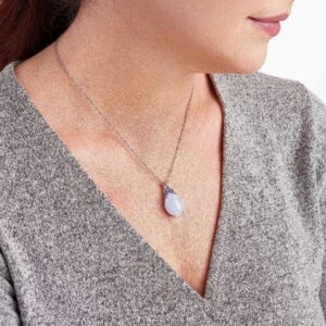 MORGAN & PAIGE .925 Sterling Silver Genuine Blue Lace Agate and Iolite 1" Oval Pendant Necklace on 18" Box Chain