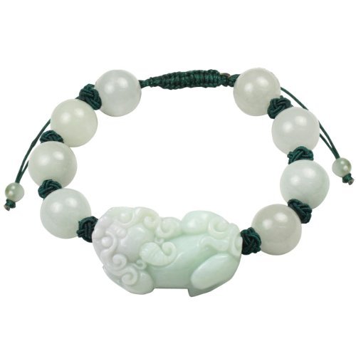 Dahlia Fortune Pixiu Jade Bracelet, Real Grade A Certified Burma Jadeite Bead Pi Yao Wristlet, Adjustable Cord, Large - Q80