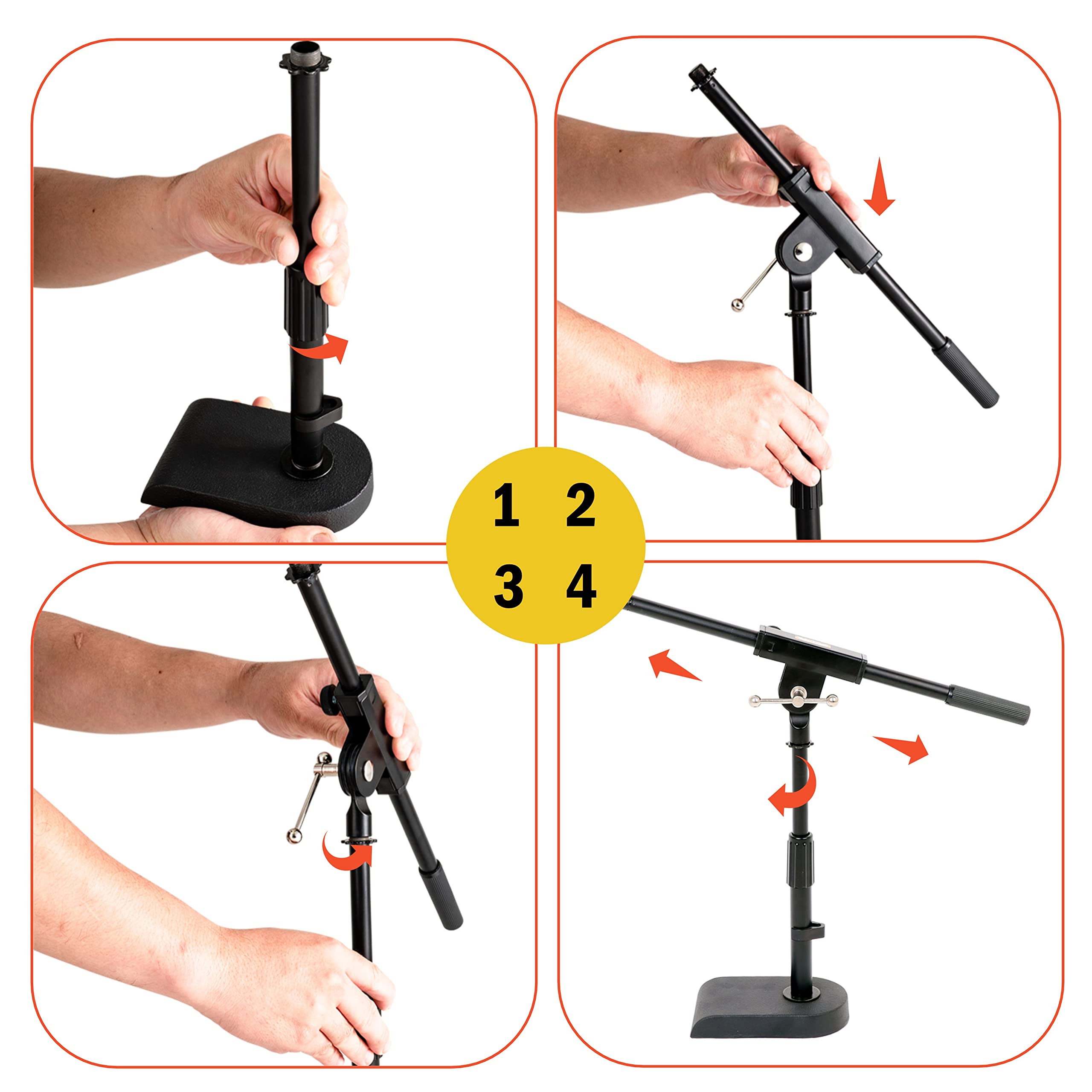 Stage Rocker Adjustable Low-profile Microphone Stand - Snare/Tom Bottom/Bass (Kick) Drum/Table Top, Adjustable Height, 15.75“ Telescoping Boom Arm, Clip-on cable holder, Powered by Hamilton (SR610111)