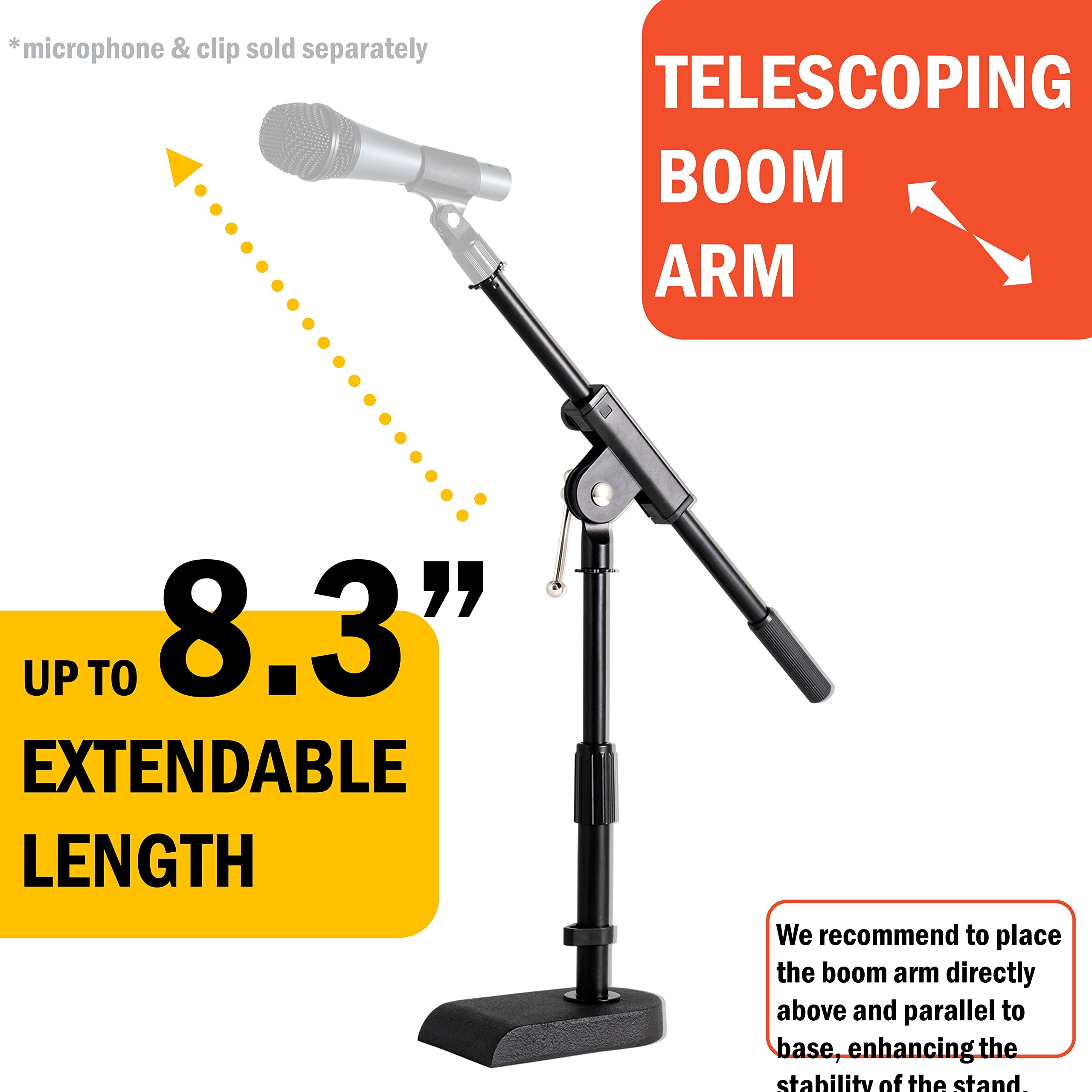 Stage Rocker Adjustable Low-profile Microphone Stand - Snare/Tom Bottom/Bass (Kick) Drum/Table Top, Adjustable Height, 15.75“ Telescoping Boom Arm, Clip-on cable holder, Powered by Hamilton (SR610111)