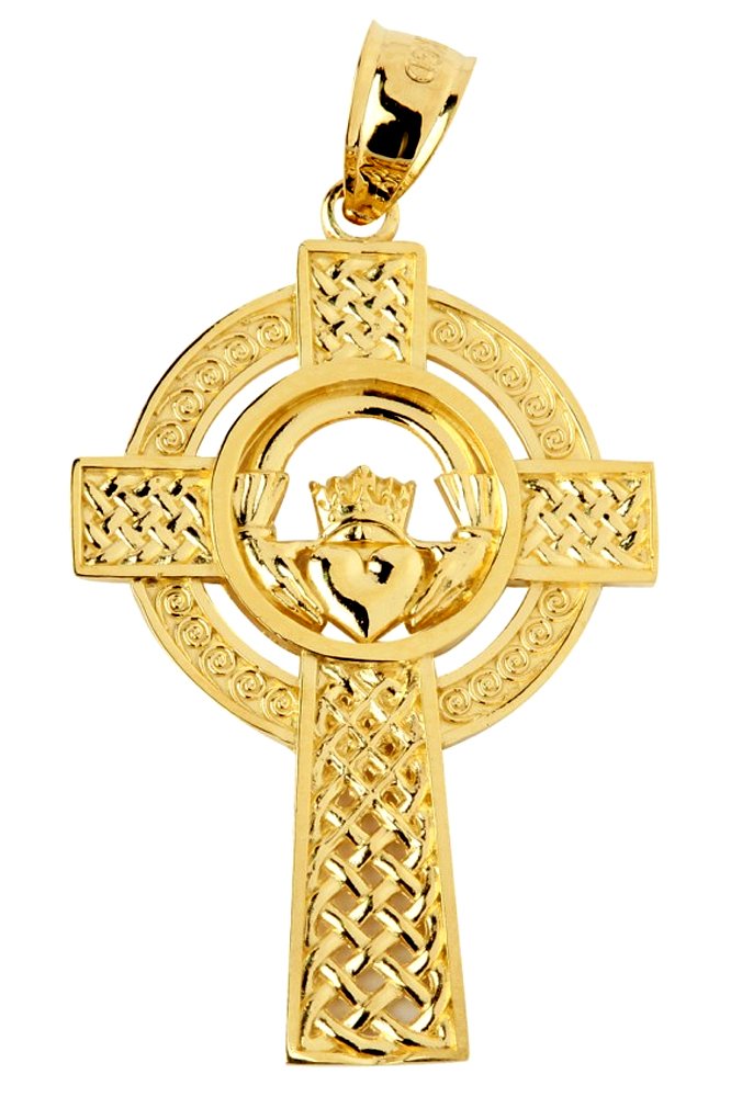 14k Yellow Gold Celtic Knotwork Charm Claddagh Cross Pendant