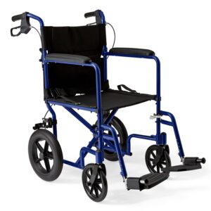 medline lightweight foldable transport wheelchair with handbrakes and 12-inch wheels, blue frame, black upholstery