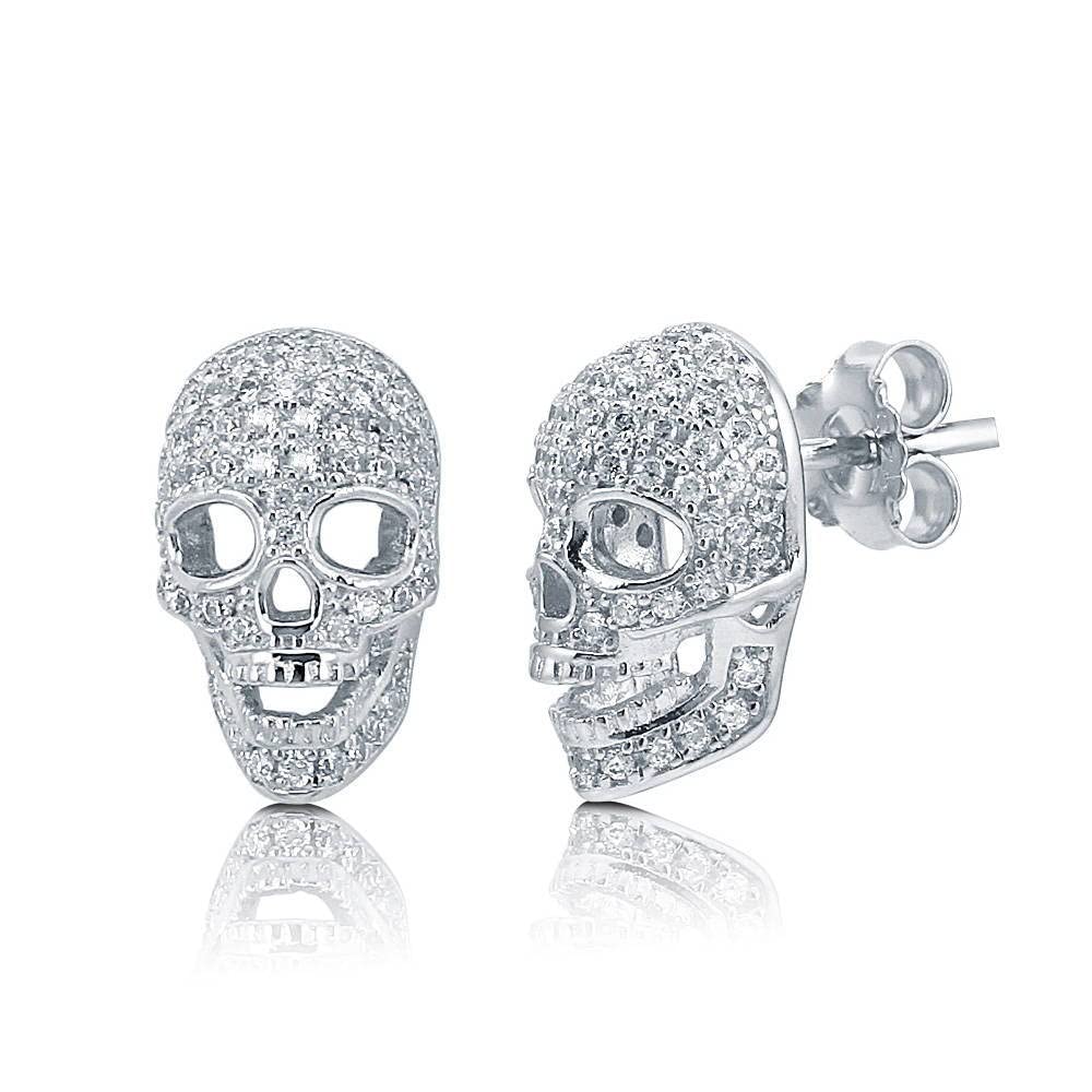 BERRICLE Sterling Silver Skull Bones Cubic Zirconia CZ Fashion Stud Earrings for Women, Rhodium Plated