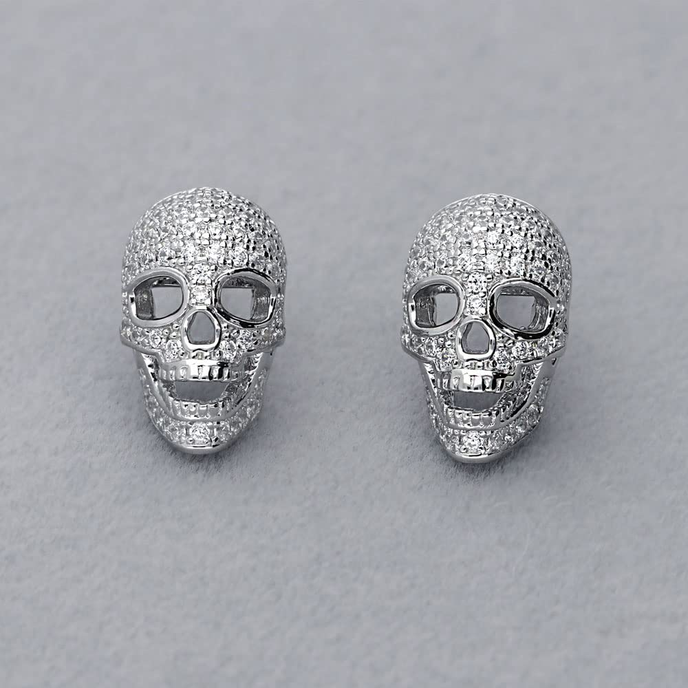 BERRICLE Sterling Silver Skull Bones Cubic Zirconia CZ Fashion Stud Earrings for Women, Rhodium Plated