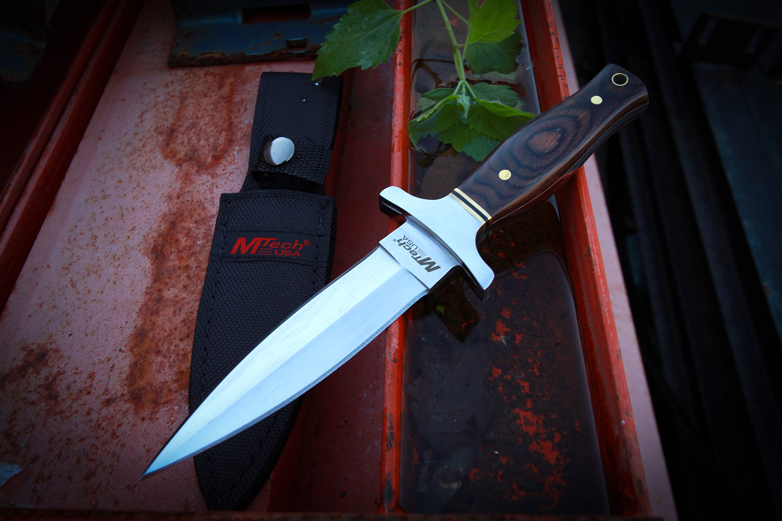 MTech USA – Fixed Blade Knife – Satin Finish Stainless Steel Blade, Brown Wood Handle with Stainless Steel Bolster, Includes Nylon Sheath - Hunting, Camping, Survival, Tactical – MT-20-03