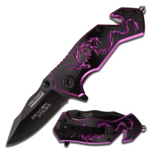 tac force spring assisted folding pocket knife – black drop point blade, black aluminum handle w/purple dragon, rope cutter, glass punch and pocket clip, tactical, edc, rescue - tf-686bp