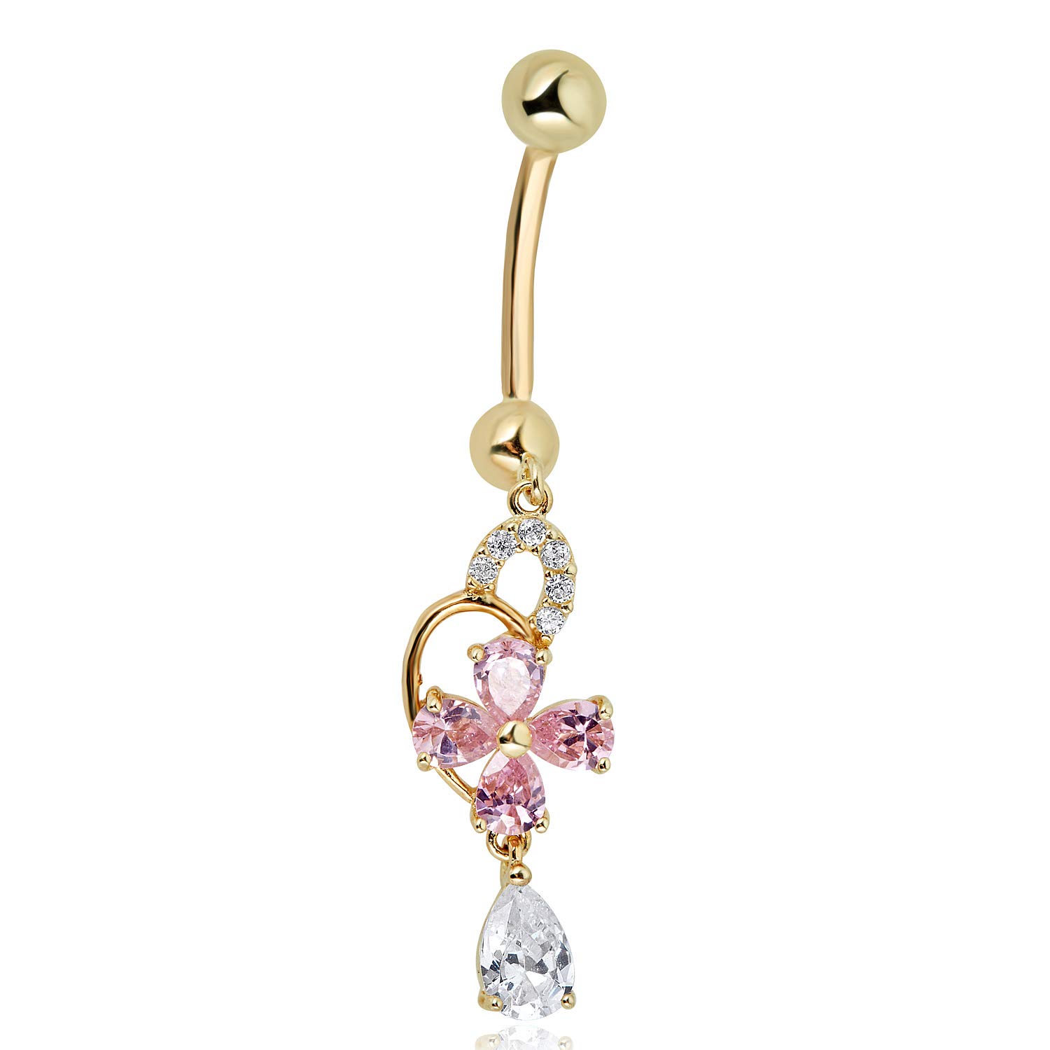 AVORA 10K Yellow Gold Simulated Diamond CZ Dangling Pink Flower Belly Button Ring Body Jewelry (14 Gauge)