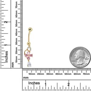 AVORA 10K Yellow Gold Simulated Diamond CZ Dangling Pink Flower Belly Button Ring Body Jewelry (14 Gauge)