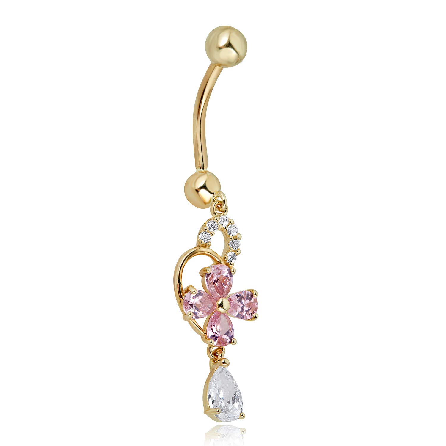 AVORA 10K Yellow Gold Simulated Diamond CZ Dangling Pink Flower Belly Button Ring Body Jewelry (14 Gauge)