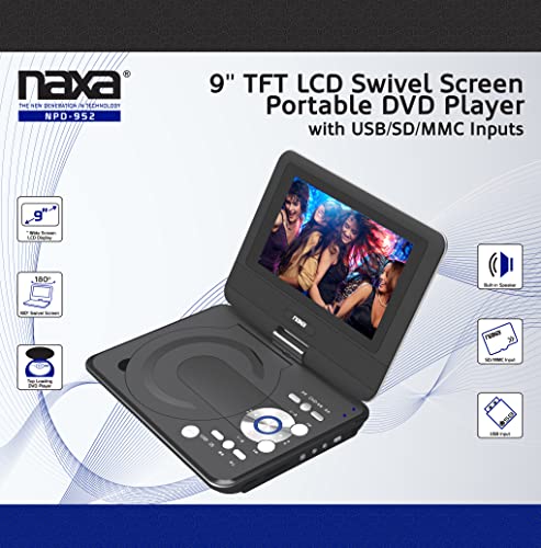 NAXA Electronics NPD-952 9-Inch TFT LCD Swivel Screen Portable DVD Player with USB/SD/MMC Inputs