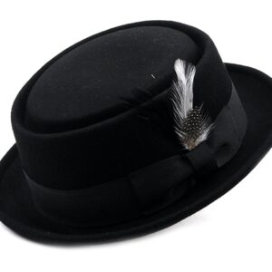 NYFASHION101 Mens Crushable Wool Felt Porkpie Hat w/Feather HE09 Bk-S/M Black