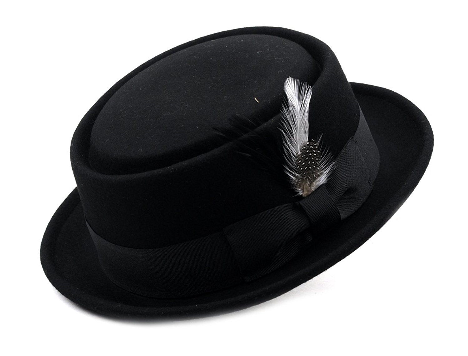 NYFASHION101 Mens Crushable Wool Felt Porkpie Hat w/Feather HE09 Bk-S/M Black