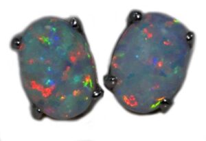 8x6mm simulated opal oval stud earrings .925 sterling silver rhodium finish