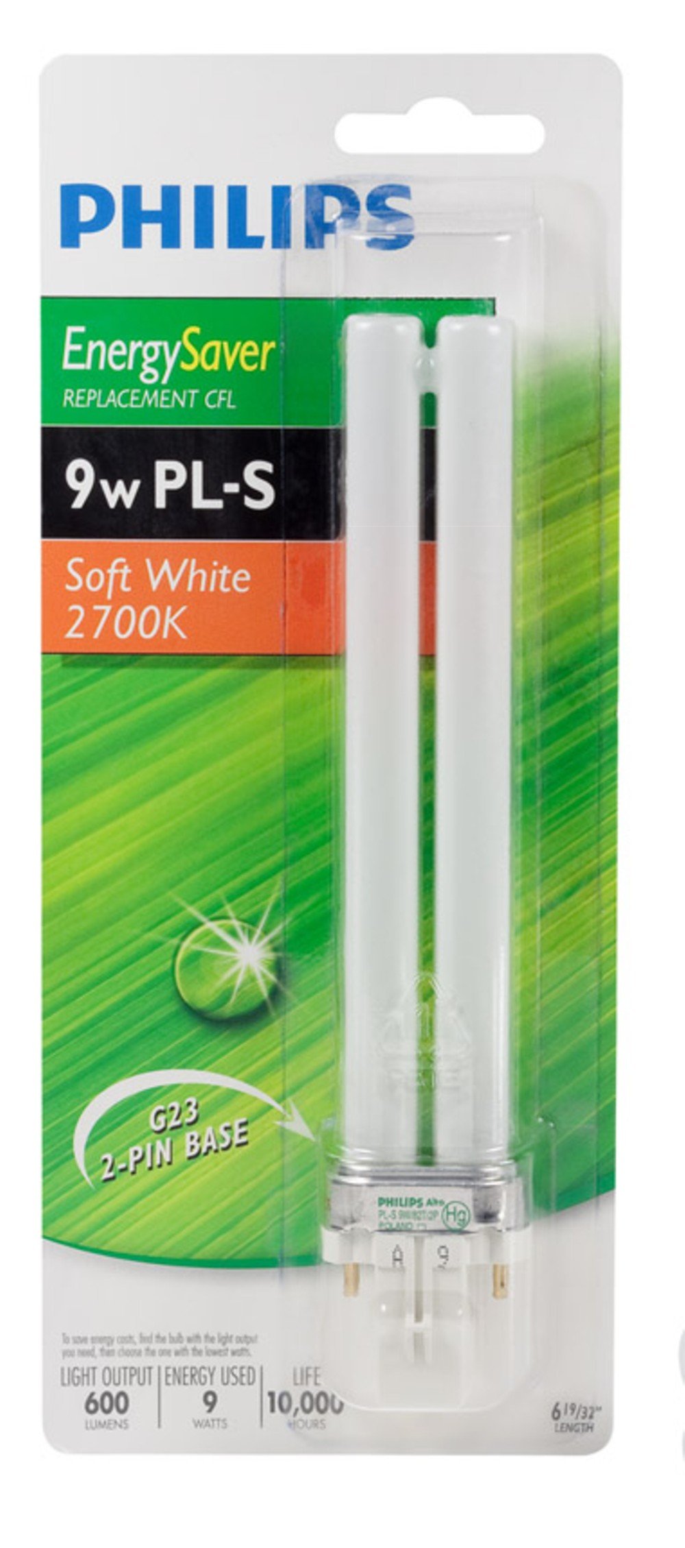 Philips 230326 Energy Saver Compact Fluorescent Non-Integrated 9-Watt PL-S Soft White 2-Pin Base Light Bulb