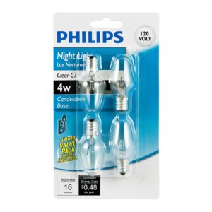 Philips LED 415422 Incandescent 16 Lumen 4 Watt 2700K Soft White C7 Night Light w/Candelabra Base (4 Pack)