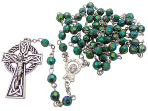 green irish rosary with celtic cross. material: acrylic 6 mm bead size: 19" l, 1 3/4" crucifix