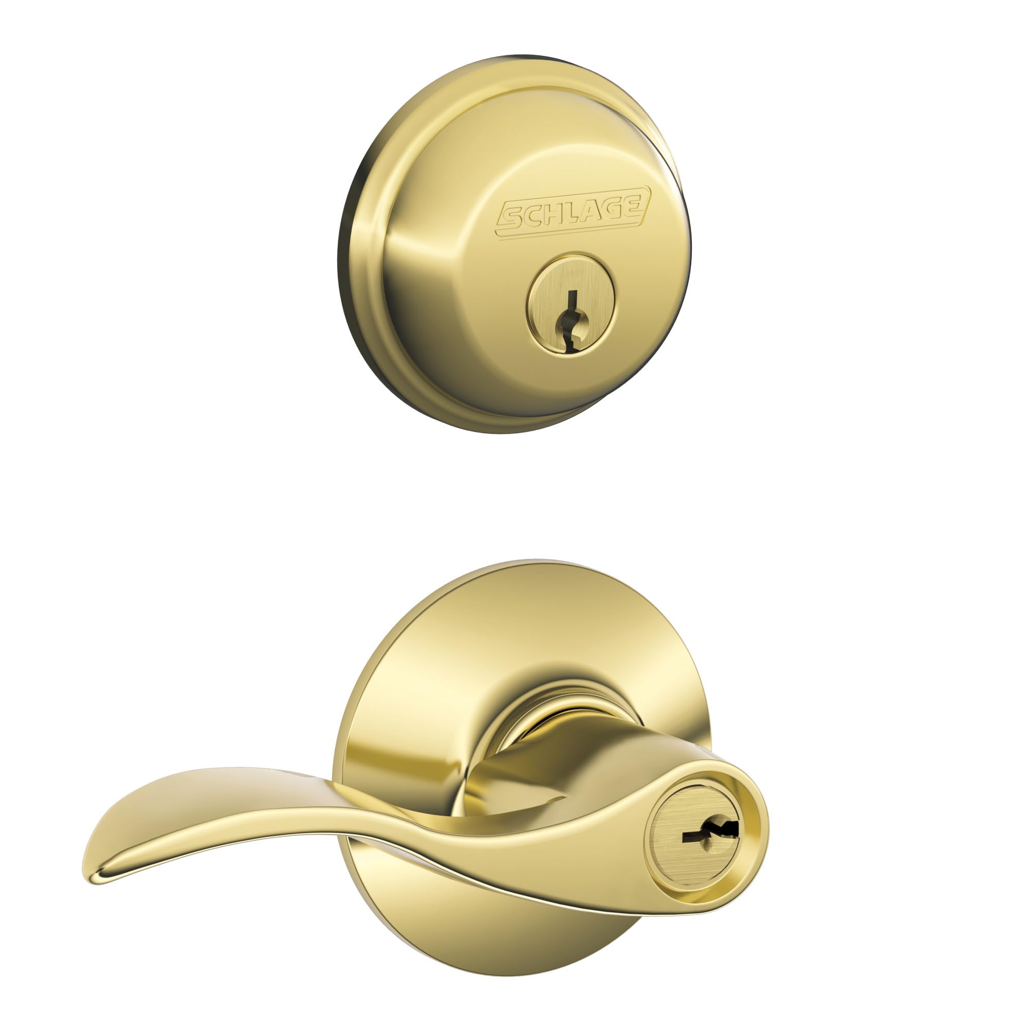 Schlage FB50VACC505605 Deadbolt Lever 1 Side, Highest Residential, Keyed Entry Lock, Security Set_Accent, Bright Brass Finish