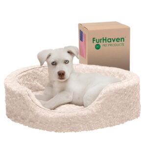 furhaven dog bed for small dogs w/ removable washable cover & pillow cushion insert, for dogs up to 12 lbs - ultra plush faux fur oval lounger - cream, small