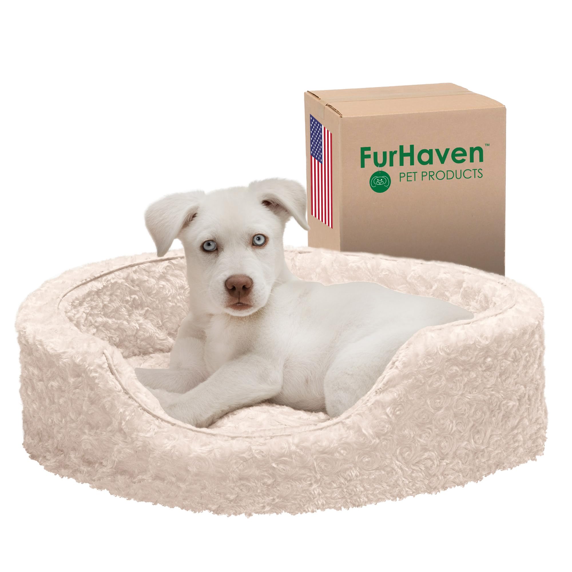 Furhaven Dog Bed for Small Dogs w/ Removable Washable Cover & Pillow Cushion Insert, For Dogs Up to 12 lbs - Ultra Plush Faux Fur Oval Lounger - Cream, Small