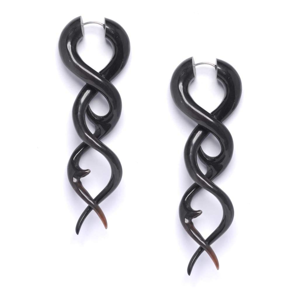 81stgeneration Women's Men's Black Horn Fake Taper Stretcher Spiral Twist Long Tribal Earrings