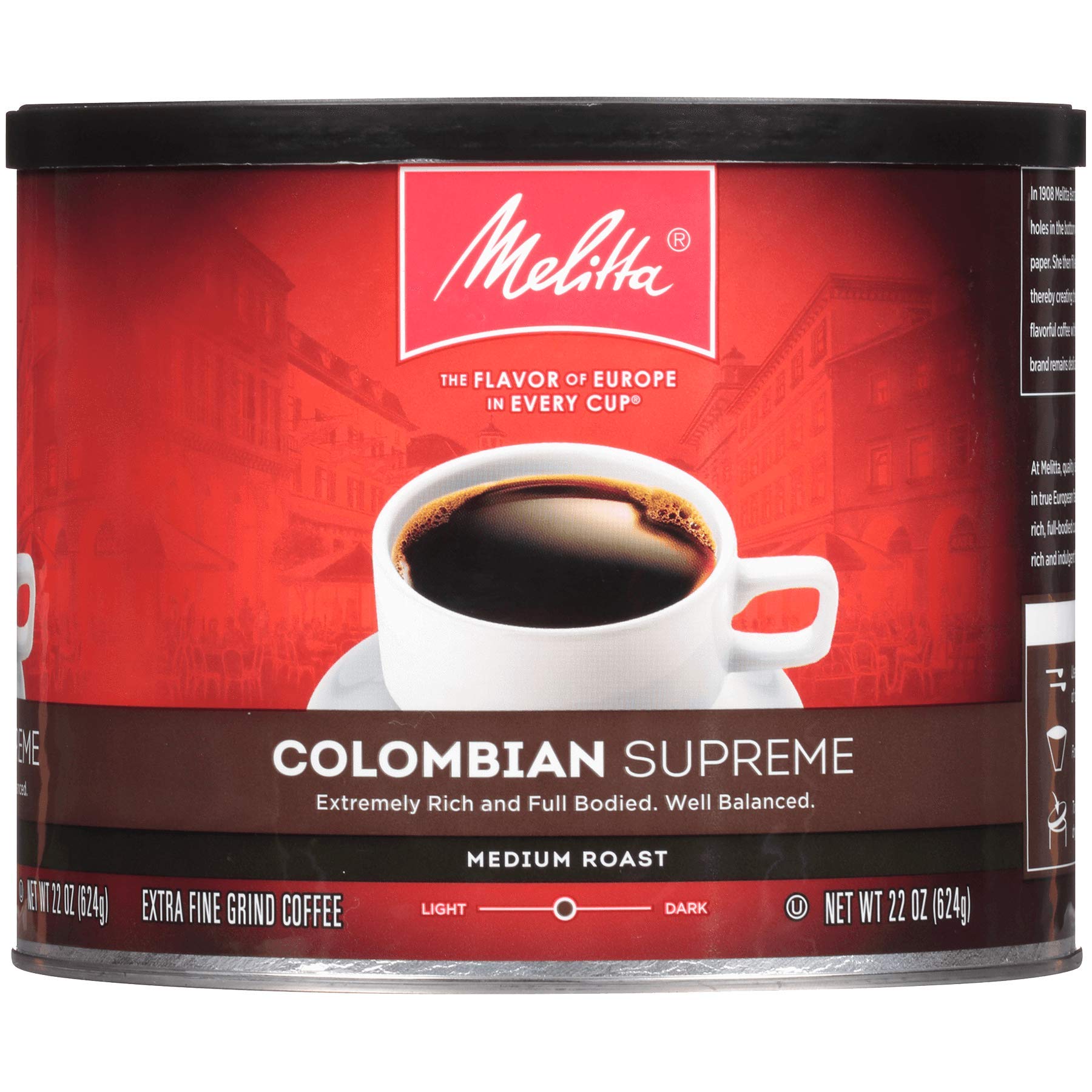 Melitta Colombian Supreme Coffee, Medium Roast, Extra Fine Grind, 22 Ounce Can