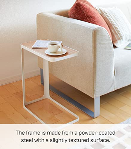 Yamazaki Home Small Metal and Wood Bedside Compact Side Table for Modern Living Room - Narrow C Shaped Slim End Table Steel One Size White