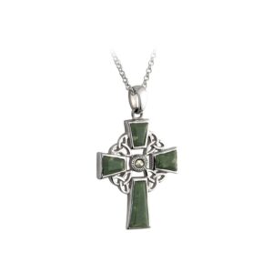 failte silver with marcasite & connemara marble celtic cross-irish made