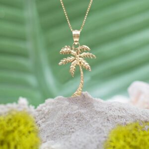 Honolulu Jewelry Company 14K Real Solid Yellow Gold Tropical Palm Tree Beach Necklace Pendant with 18" Box Chain