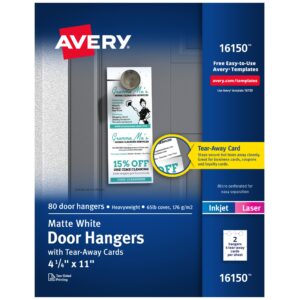 avery printable door hangers with tear-away cards, 4.25" x 11", matte white, 80 blank door hangers for laser and inkjet printers (16150)