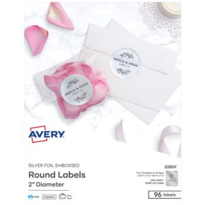 avery printable embossed foil round labels, 2" diameter, silver, 96 customizable labels (22824)