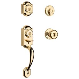 kwikset montara front door lock handle and deadbolt set, entry handleset exterior with interior door knob, polished brass, pick resistant smartkey rekey deadbolt security