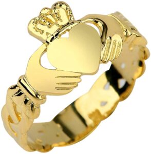 10k yellow gold claddagh friendship, engagement, or wedding ring with trinity knot band - size 7