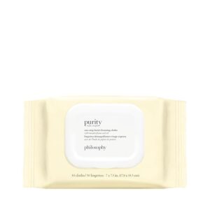 philosophy purity made simple one-step facial cleansing cloths - easily removes makeup, dirt & oil on the go - skin is left clean and comfortable with no rinsing needed - 30 ct.